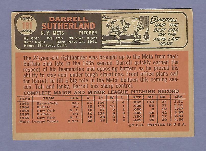 1966 Topps - #191 Darrell Sutherland - New York Mets - Ex | eBay