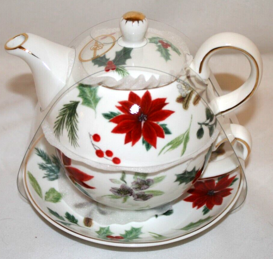 Grace Teaware Poinsettia & Holly Rimmed Porcelain Teapot Service for ...