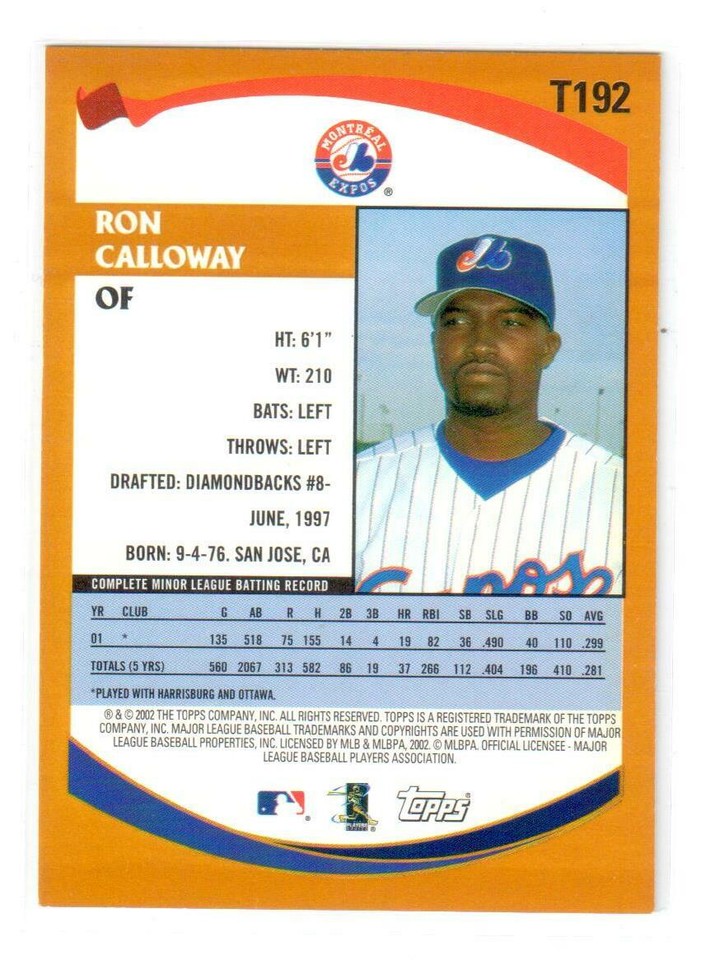 2002 RON CALLOWAY TOPPS BASEBALL PROSPECTSCARD #T192 ROOKIE CARD | eBay