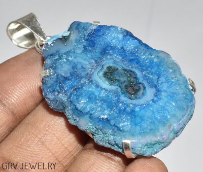 Blue Solar Quartz Gemstone 1.9" Handmade Pendant 925 Silver Plated U478 ...