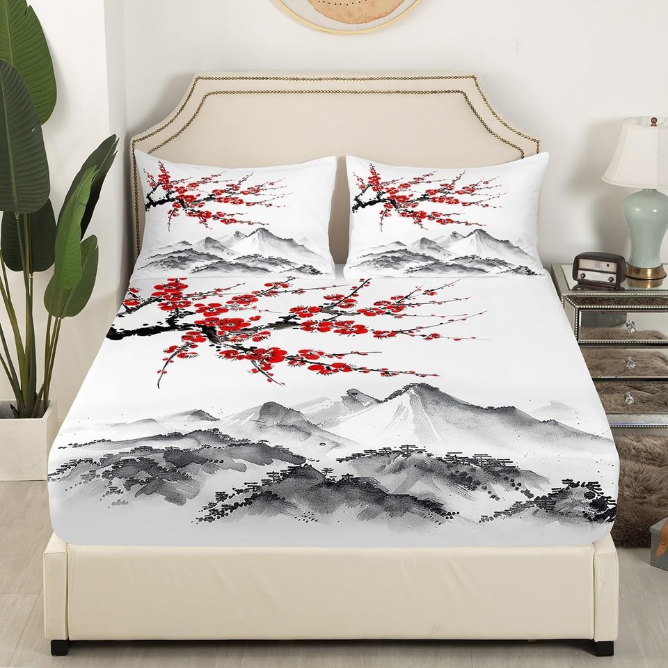 Japanese-Style Sheet Sets, Red Cherry Blossoms Printed Flat Sheet Mount ...