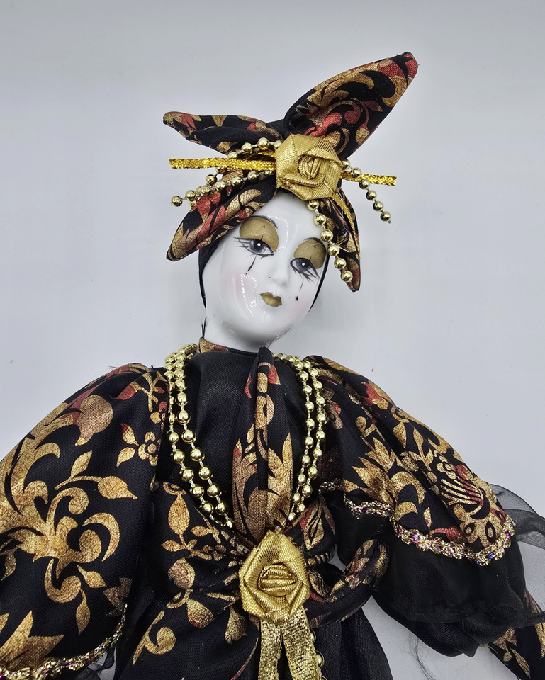 16' Black and Gold Harlequin Jester Clown Doll w/ Porcelain Head, Hands ...
