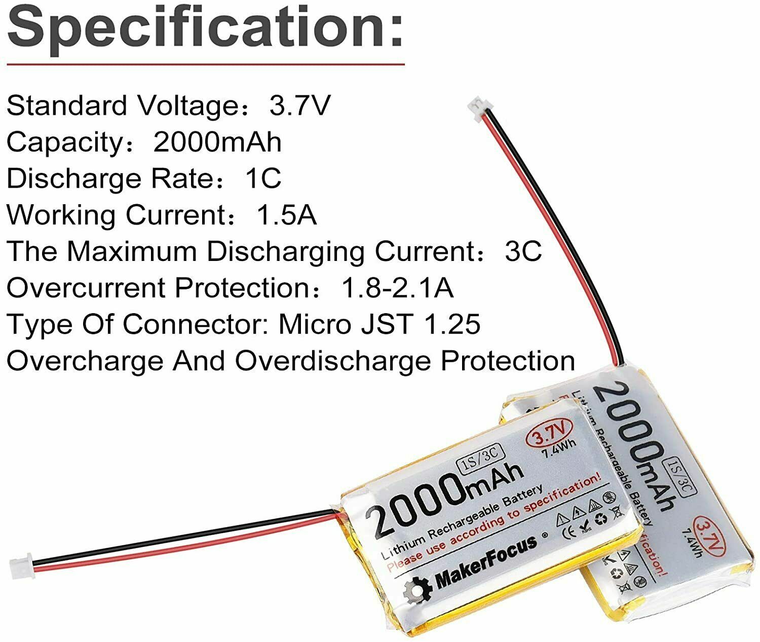 4pcs 3.7V 2000mAh Rechargable 1S 3C Lipo Battery 103450 With Protection ...