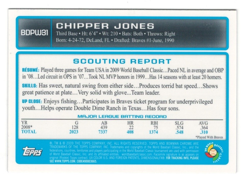 Chipper Jones 2009 Bowman Chrome Draft WBC Prospects #BDPW31 Baseball ...