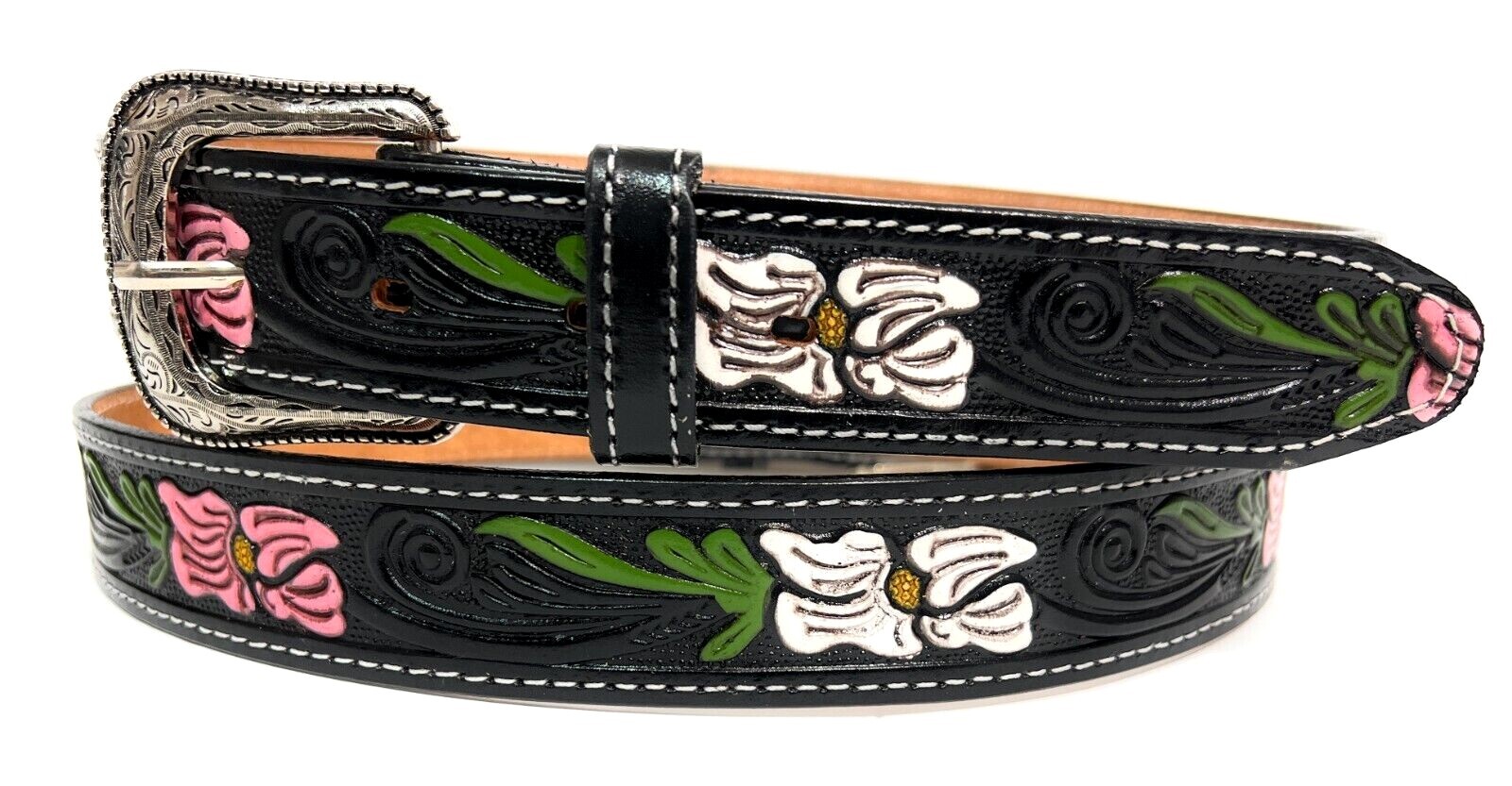 Women's Western Leather Belt, Floral Embossed Cowgirl Rodeo Hand Tooled ...
