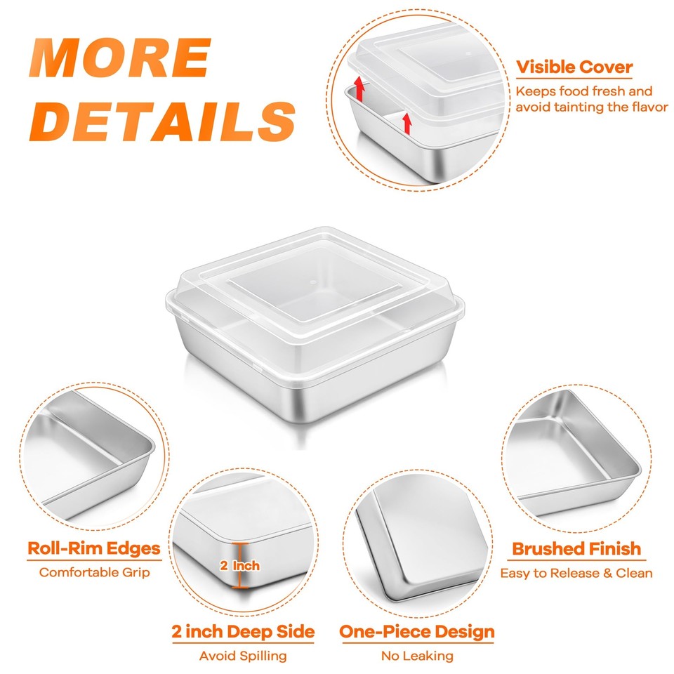 6 Inch Square Cake Pan with Lid Stainless Steel Square Baking Lasagna ...