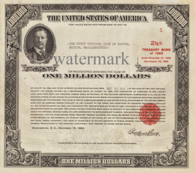 $100,000 & $1,000,000 U.S. Treasury Bond Note #1 1963 Currency Sheet ...