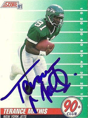 TERANCE MATHIS NEW YORK JETS SIGNED AUTOGRAPHED 1991 SCORE CARD #321 W ...