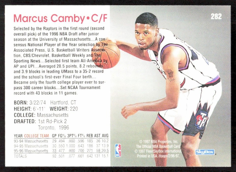 1996-97 3880A NBA HOOPS Marcus Camby Rookie Toronto Raptors #282 | eBay