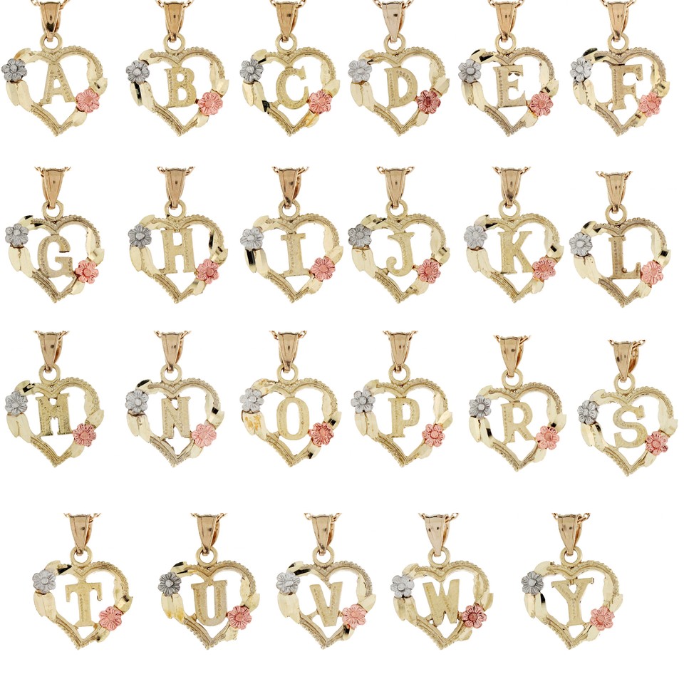 10k or 14k Three Tone Real Gold Heart & Roses Letter M Initial Charm ...