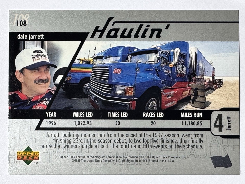 HOF'er DALE JARRETT 1997 Upper Deck Road To The Cup HAULIN' Racing Card ...