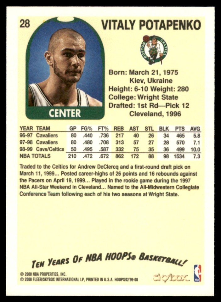 2000-01 Nba Hopps Vitaly Potapenko Boston Celtics #28 | eBay