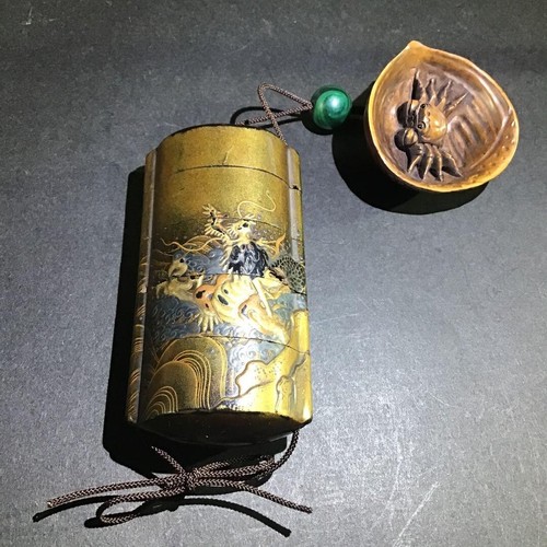 Inro Antique Edo Gold Makie Rising Dragon Netsuke Crab Wood Carved Tool ...