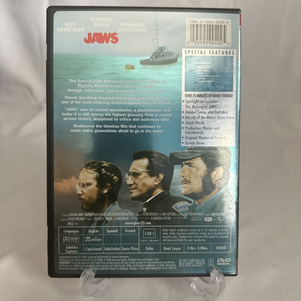 Jaws DVD 1975 25th Anniversary Collectors Edition Full Screen Steven ...