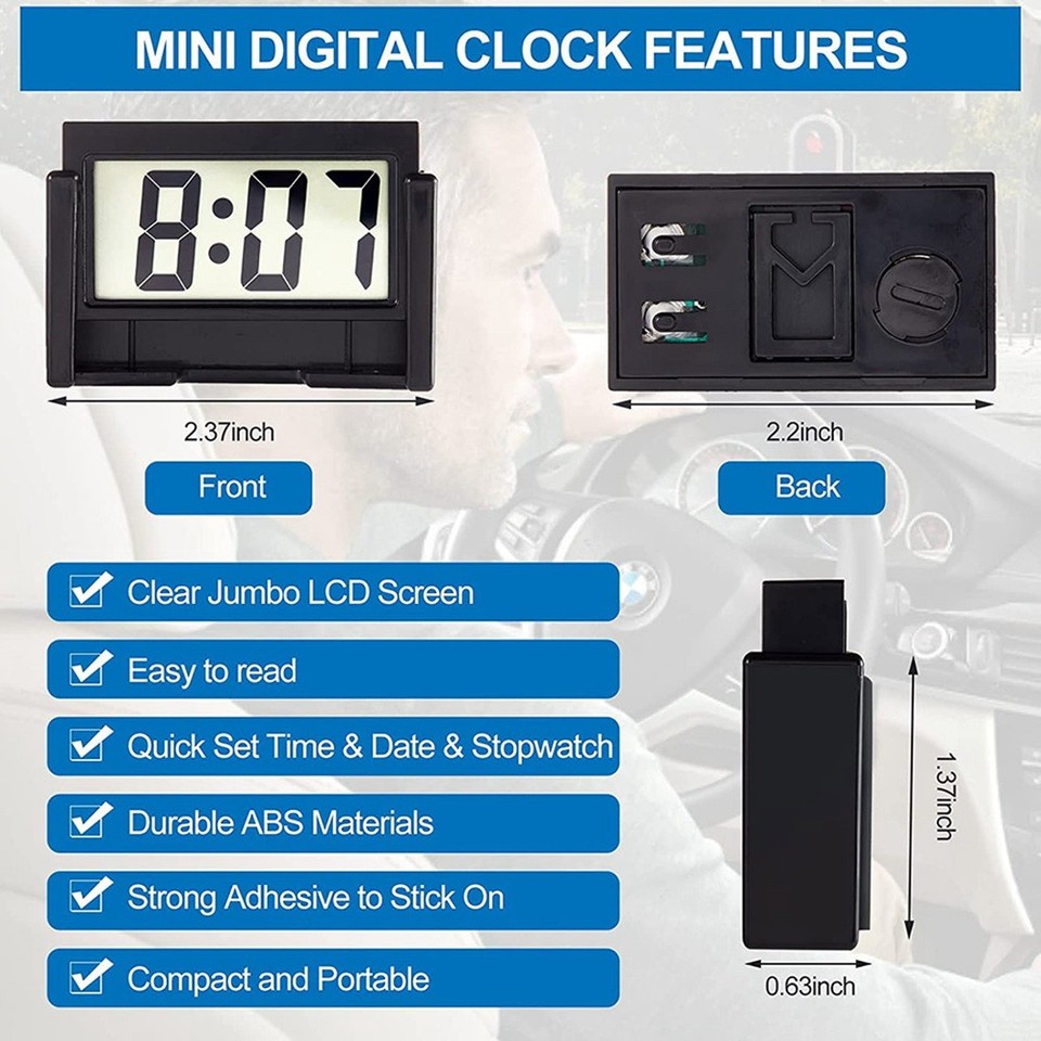 Small Digital Car Dashboard Clock Battery Operated Big Clear LCD ...