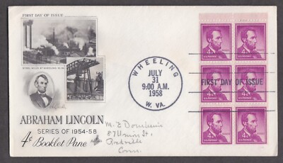 USA FIRST DAY COVER 1958 4c LINCOLN BOOKLET PANE OF 6 + CACHET | eBay