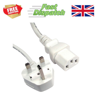 Arctic White Power Cord Lead UK Plug to 3 three pin IEC C13 Cable ...
