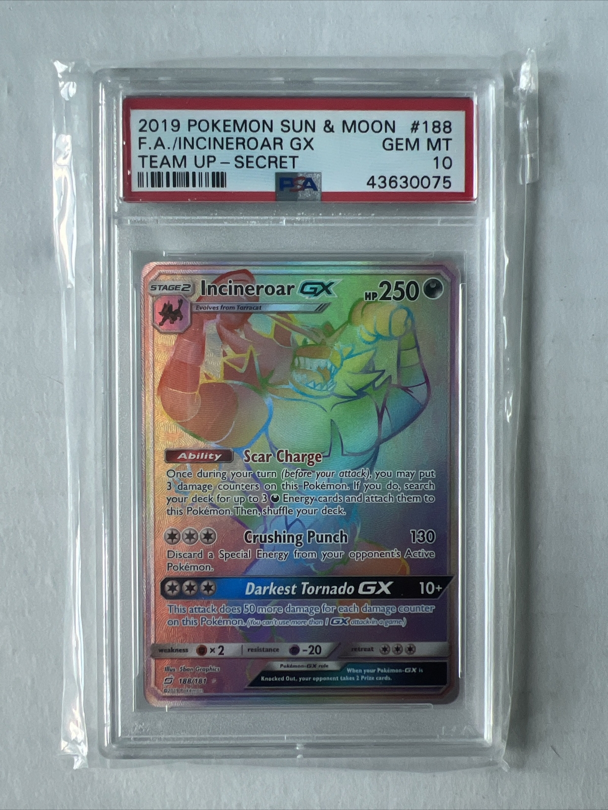 PSA 10 Full Art Incineroar GX Rainbow Secret Rare Pokemon Team Up 2019 ...