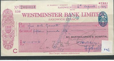 wbc. - CHEQUE - CH843 - USED -1949 - WESTMINSTER BANK, SANDWICH | eBay