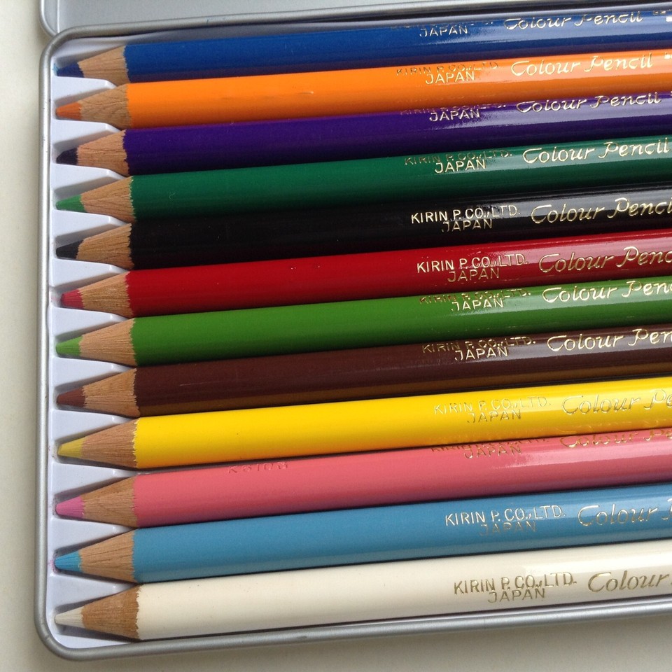 rare set of 12 Kirin assorted color coloured pencils new in metal box ...