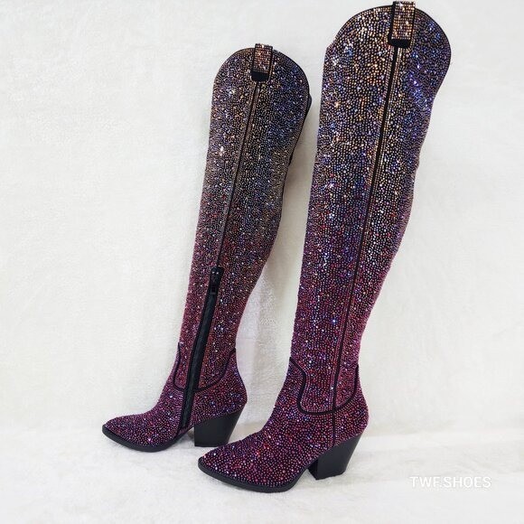 Country Glam Iridescent Ombre Rhinestone OTK Thigh High Cowgirl Boots ...