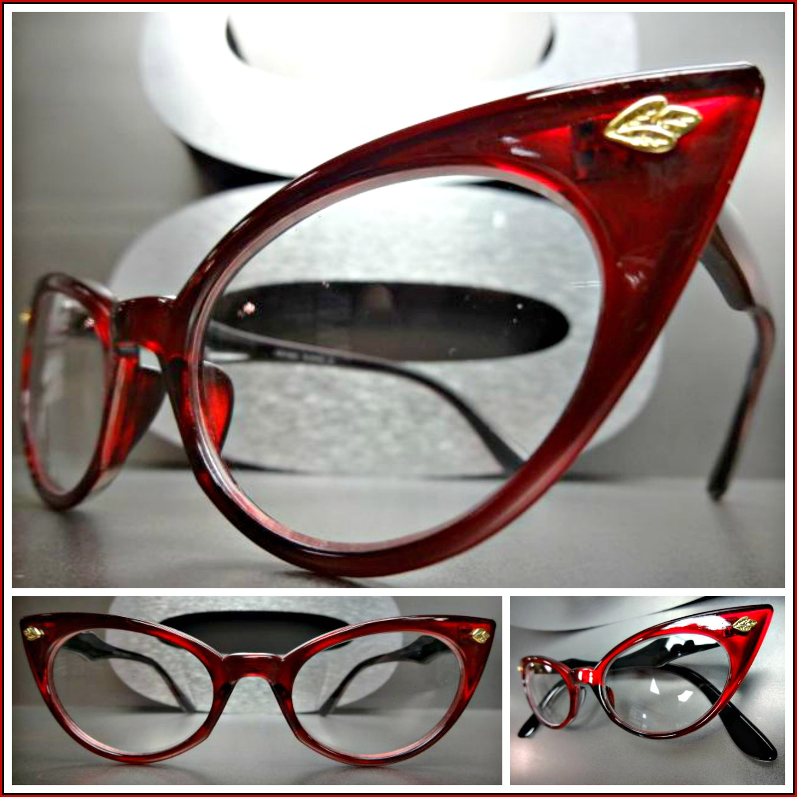 CLASSIC VINTAGE RETRO 60s CAT EYE Style Clear Lens EYE GLASSES Red ...