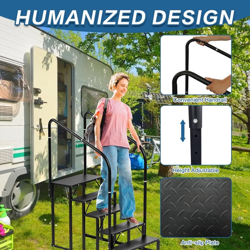 5 RV Steps with Handrails 5th Wheel Hot Tub Steps Anti-Slip RV Stair ...