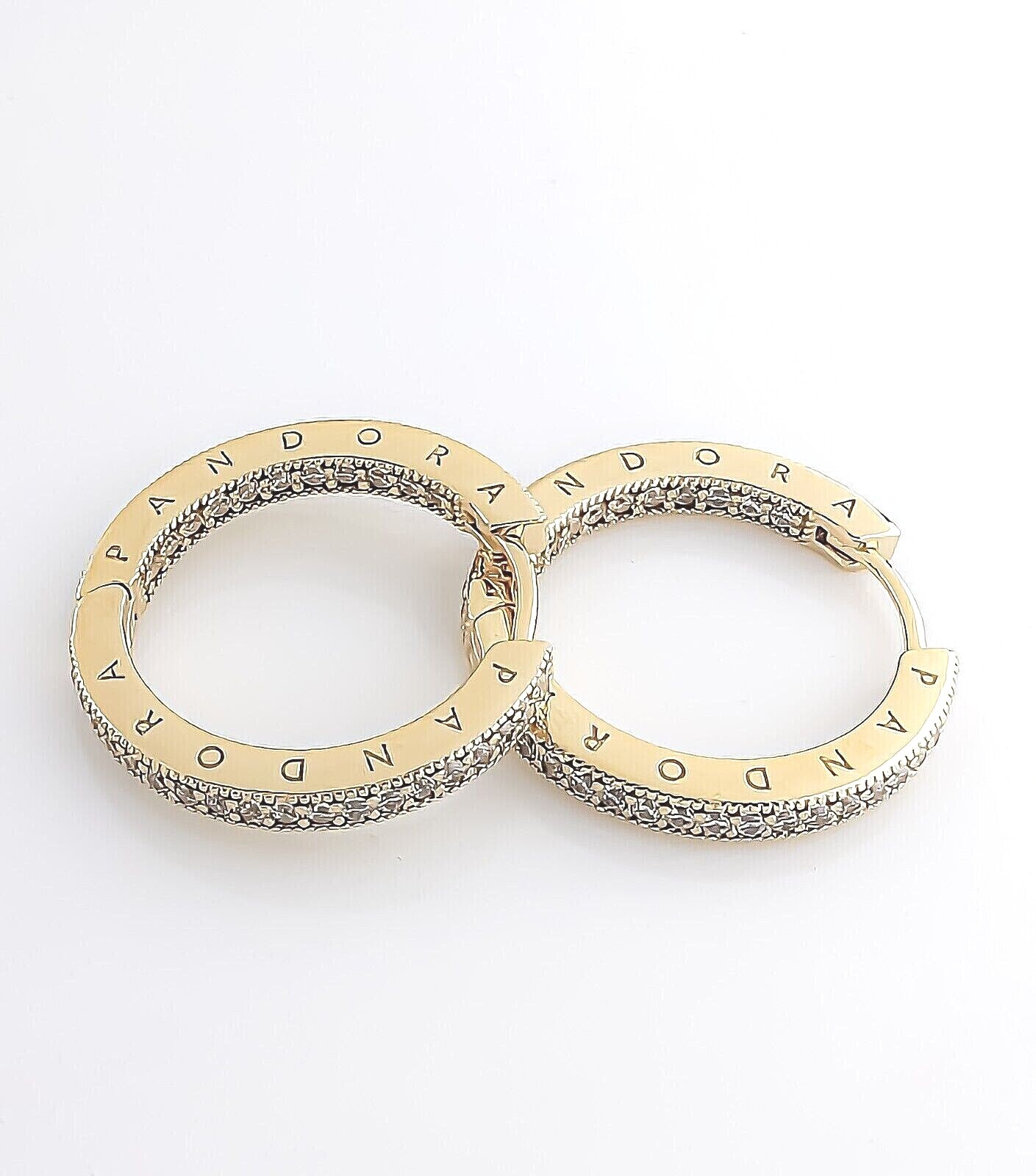 New 100% Authentic PANDORA 14K Gold Plated Logo & Pavé Hoop Earrings ...
