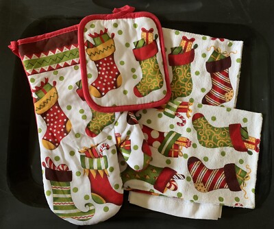Christmas Oven Mitt, Potholder, 2-Towel Set. Stocking Design - New | eBay