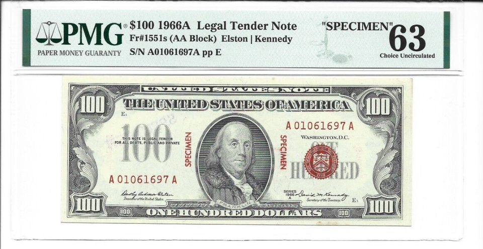UNITED STATES AMERICA 100 DOLLARS FR-1551s 1966 Rare PMG USA Specimen ...