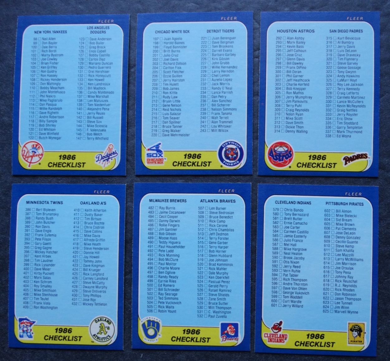 1986 Fleer Unmarked Checklist Team Set Of 7 Baseball Cards | eBay