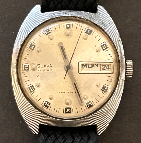 Vintage Slava Automatic Men's Watch Running 37mm Silver Case 27j USSR ...