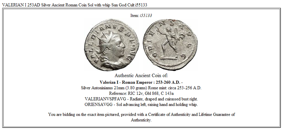 VALERIAN I 253AD Silver Ancient Roman Coin Sol with whip Sun God Cult ...