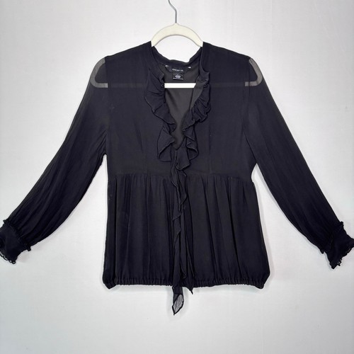 Arden B . Blouse Size L Black Silk Ruffle Sheer Sleeves Bubble Hem Whimsy Goth | eBay