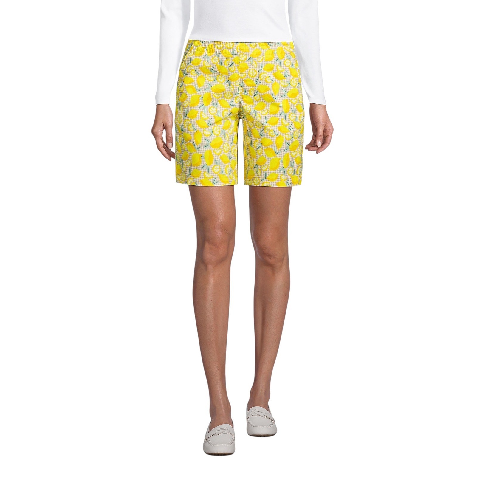 Lands End Size 4P Chino Shorts Lemon Print Gingham Yellow Elastic Mid ...