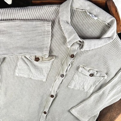 Bucketlist Shirt Women S Beige Waffle Knit Thermal Button Up Shacket ...