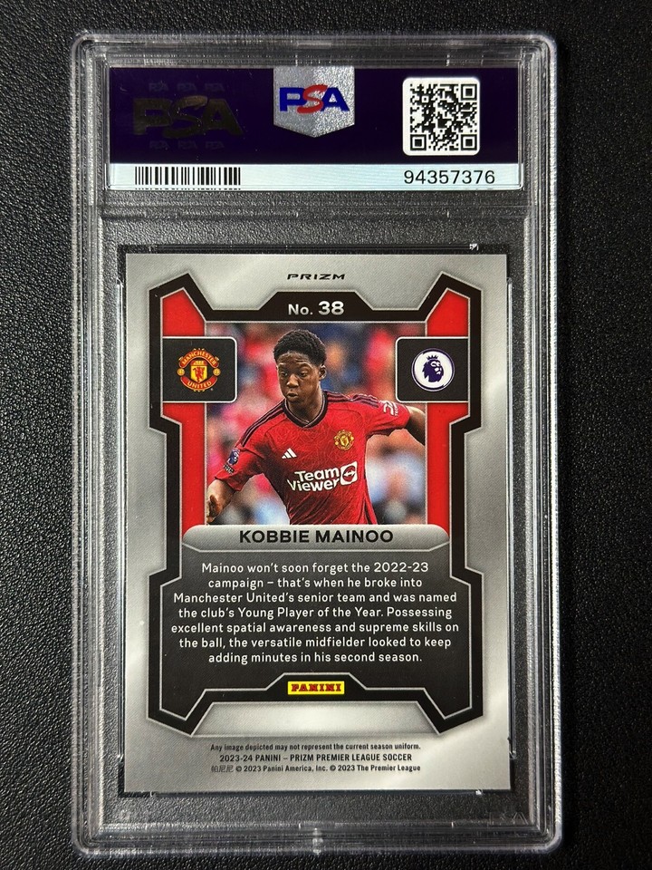 KOBBIE MAINOO PSA 10 2023-24 PANINI PRIZM P/L SOCCER #38 ROOKIE LAZER ...