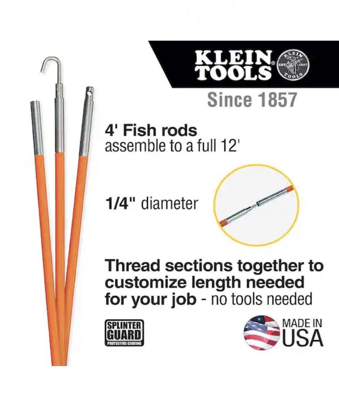 Klein Tool 12' x 1/4" Lo-Flex Fish Rod Wire Puller Set w/ Bullet Nose ...