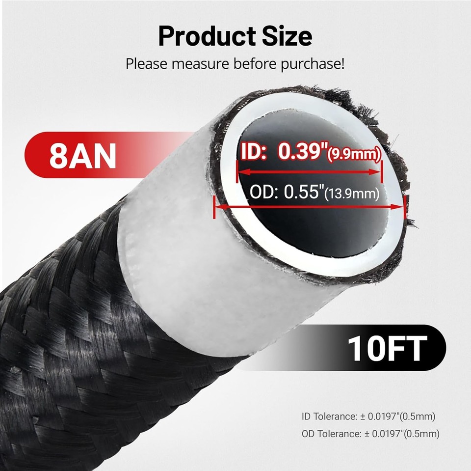 8AN 10FT PTFE Fuel Line Kit, AN8 E85 Braided Fuel Hose Line Kit Black ...
