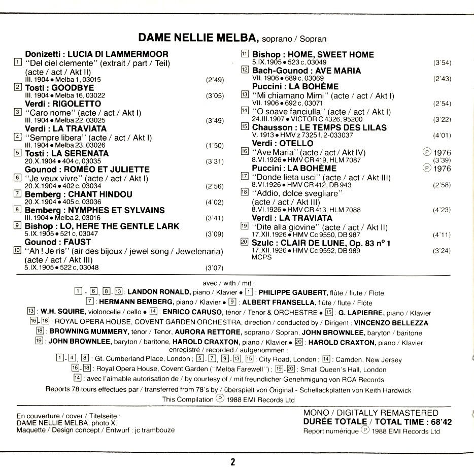 Nellie Melba - Opera Arias and Songs (CD, 1988, EMI) | eBay