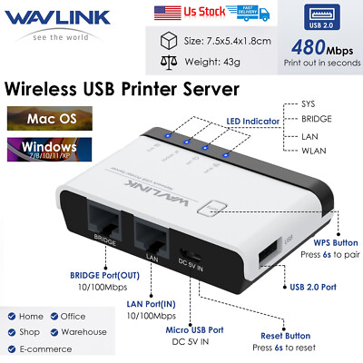 USB2.0 Wireless Printer Server WiFi LAN/Bridge Wired/Wireless ...
