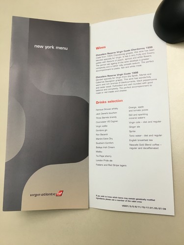 Virgin Atlantic Airways Menu--Economy Class London to USA 1990s 'New ...