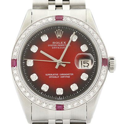 Rolex Mens Datejust 18K White Gold Steel Red Vignette Diamond Ruby ...
