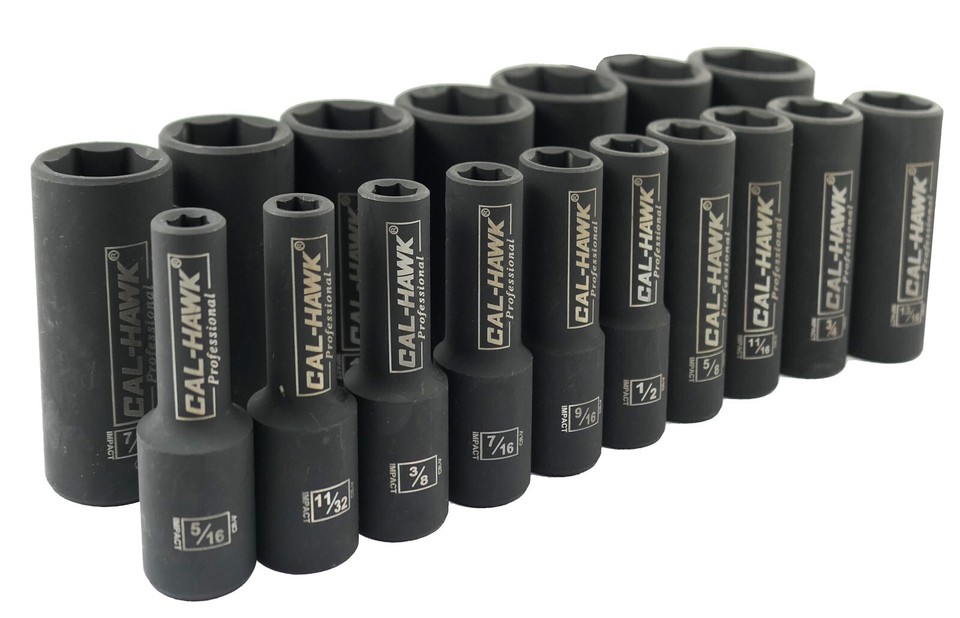 17PC CAL HAWK 1/2" Dr. 6 POINT SAE Deep Impact Sockets Chrome Vanadium ...