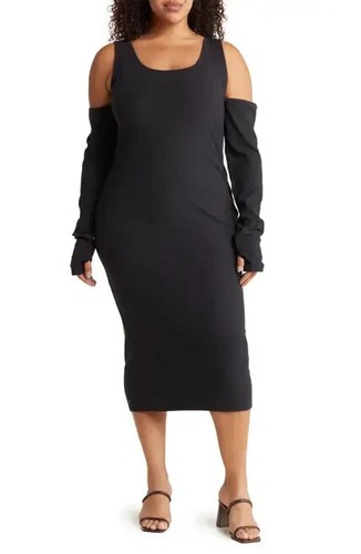 Asos Black Midi Dress Ribbed Knit Cold Shoulder Size 14 Long Sleeve ...