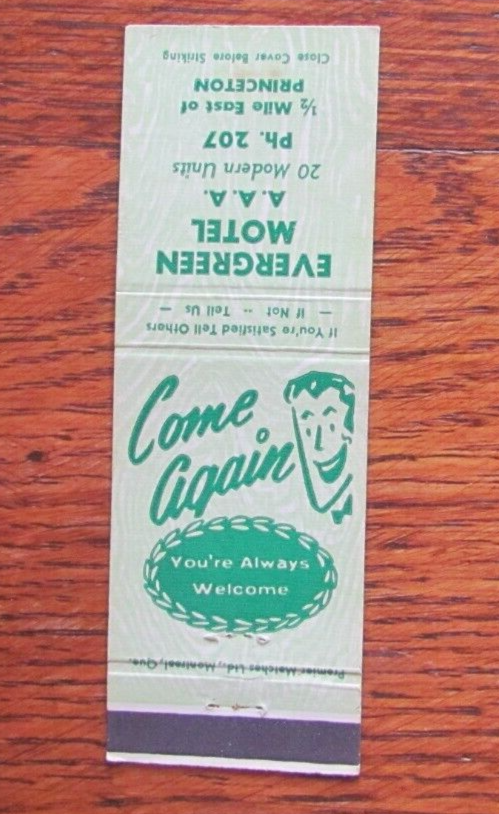 LOW PHONE # 207 MATCHBOOK COVER: EVERGREEN MOTEL PRINCETON, BC ...