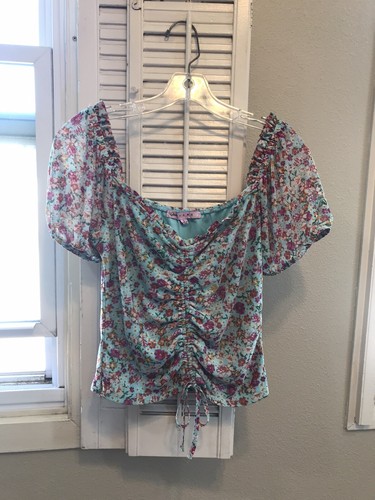 Crave Fame Junior’s Aqua Blue & Pink Floral Ruffled & Gathered Top SZ ...