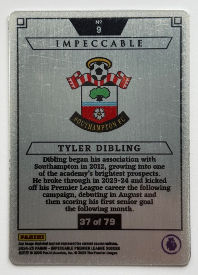 2024-25 Panini Impeccable Premier League Tyler Dibling /79 Rookie Metal ...