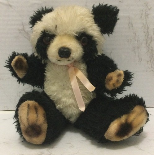 Vintage Jointed Teddy Bear Panda Plush Stuffed Animal KAMAR Japan Mid ...