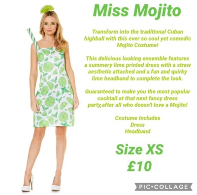 Miss Mojito Ladies Fun Cocktail Fancy Dress Costume Extra Small XS 4-6 ...